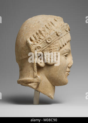 This marble head of Athena, a classical Greek sculpture, represents the ...