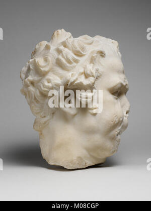This marble head of a satyr, playing the double flute, is a classical ...
