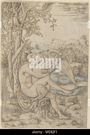 This artwork depicts the classical myth of Leda and the Swan, featuring themes of transformation ...