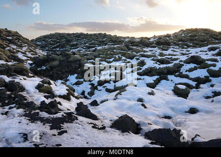 A lava field on the Southern Coast of Iceland with snow, ice, rocks and ...