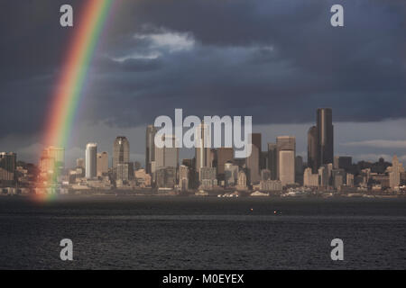 Rainbow over Seattle Washington USA skyline Stock Photo - Alamy