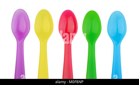 Many colorful plastic spoons on white background, top view. Concept of ...