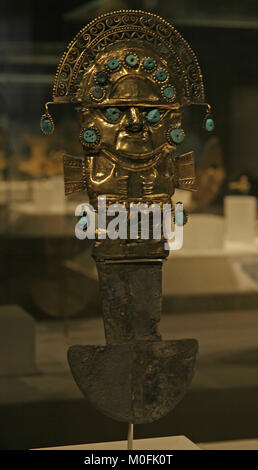 Ceremonial Knife, Peru; 9th-11th century. Hammered gold, turquoise ...