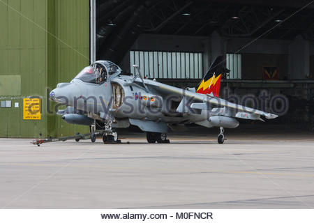 A view of the Harrier Jump Jet on display at the entrance of RAF Stock ...