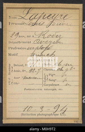Lapeyre. Louis, Pierre. 29 ans. né à Rodez (Aveyron). Employé ...