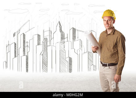 Business man draw building and cityscape. Construction site concept ...