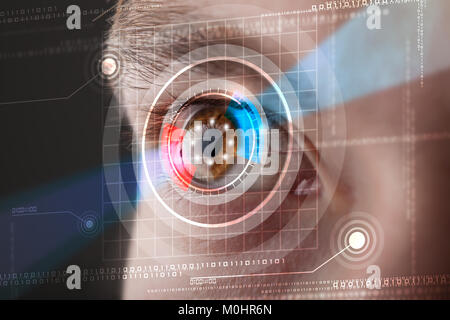 Cyber man with technolgy eye looking into blue iris Stock Photo - Alamy
