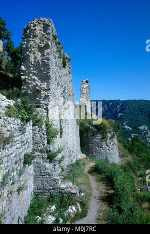France, Aude, cathar castle of Termes in the Corbieres forest (aerial ...