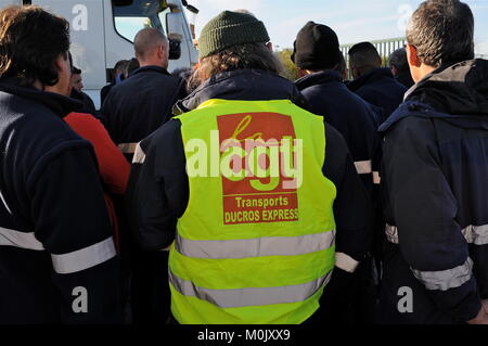 Mory-Team truck drivers on strike to protest job cuts, Corbas, France ...
