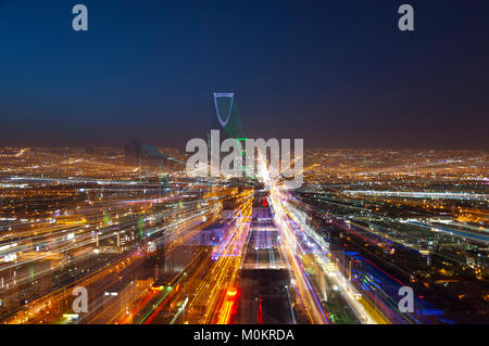 Panorama view to the skyline of Riyadh by night, with the Kingdom ...