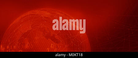 Graphical blockchain red theme background with connection lines. Global ...