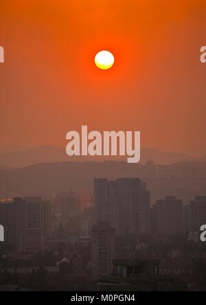 Sunset over the city buildings, Pyongan Province, Pyongyang, North ...