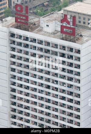 Building with a propaganda slogan saying one heart only, Pyongan ...