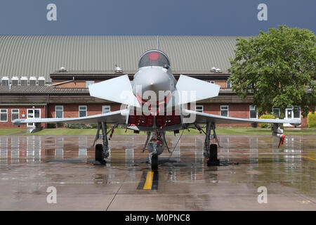 Nose and canards of a Eurofighter Typhoon combat aircraft against blue ...