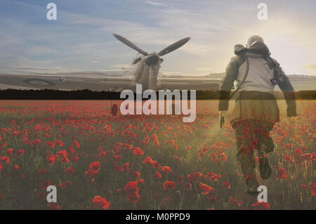 World War Two RAF pilot leaning against a Hurricane fighter aircraft ...