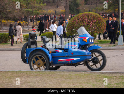 Blue sidecar parked in a park, Pyongan Province, Pyongyang, North Korea ...
