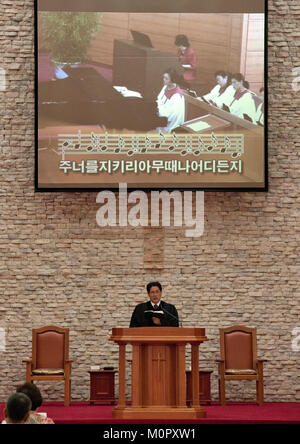 Pastor speaking in protestant Bongsu church, Pyongan Province ...