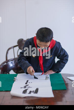 Pioneer boy in a calligraphy workshop in Mangyongdae children's palace ...
