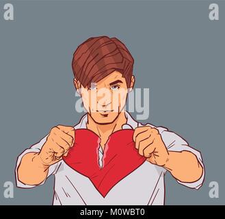 Handsome Man Tearing Red Heart Shape Apart Heartbroken Sketch On White ...