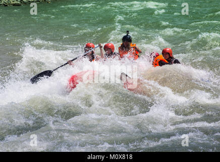 A group of men and women are rafting on the river, extreme and fun ...