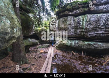 Tourist in Rock labirynth called Bledne Skaly (Errant Rocks) in Stolowe ...