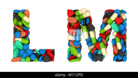 Medication font L and M pills letters over black Stock Photo - Alamy