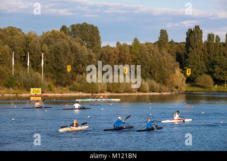 Germany, Cologne, boat race course at lake Fuehlingen, canoeist ...