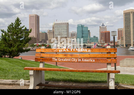 "Baltimore. The Greatest City in America" on a bench overlooking ...