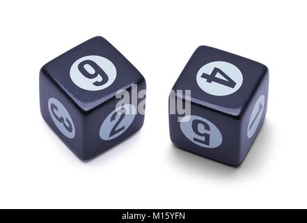 Two white playing dice with black numbers on a light wooden table Stock ...