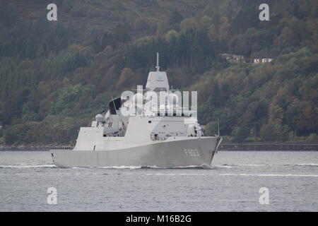 HNLMS Tromp (F803), a De Zeven Provincien-class frigate of the Royal Netherlands Navy, departs ...