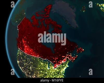 Orbit view of Canada at night highlighted in red on planet Earth with ...