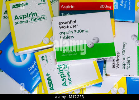 Various aspirin boxes from different UK retailers Stock Photo - Alamy