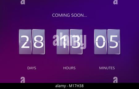 Coming soon web page design template of flip time counter with reflection on red background ...