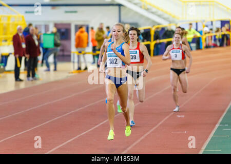 SUMY, UKRAINE - JANUARY 28, 2018: Anna Krasutska landing into sandpit ...