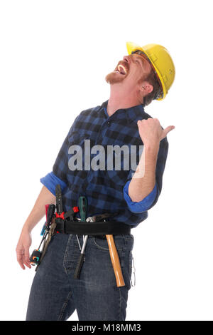 An construction worker tittering on white background Stock Photo - Alamy