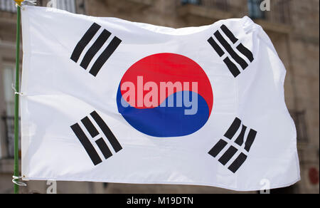 The Taegukgi flag, a symbol of South Korea, is flown on Namsan Mountain ...