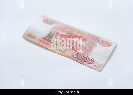 selective focus of russian banknotes isolated on white with copy space ...