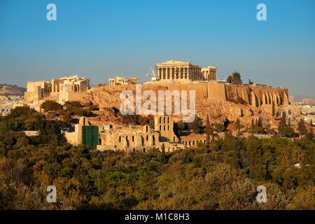 Acropolis historical ruins on top of mountain in Athens, Greece Stock ...
