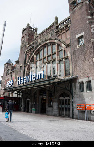 Mainline railway station with the Dutch Railway logo at Haarlem in ...