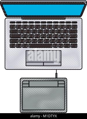 laptop computer and digitizer tablet connection on top view in degraded ...