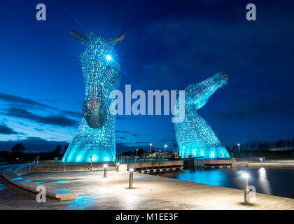 Night view of the Kelpies large horse head statue sculptures monument ...