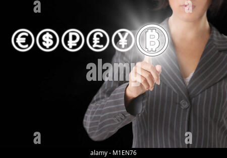 Businesswoman with Bitcoin symbol. Blockchain Transfers Concept on Gray ...