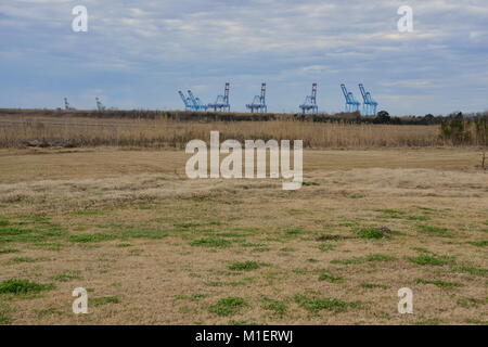 Dock cranes at Alabama state docks behind grassland Stock Photo - Alamy