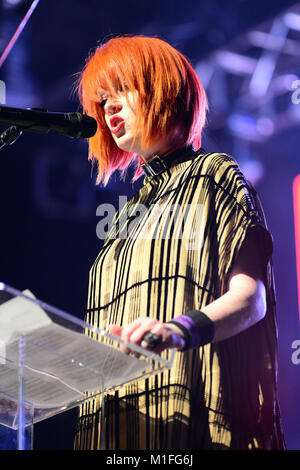 Shirley Manson, lead singer of alternative band Garbage, wearing a wrap ...