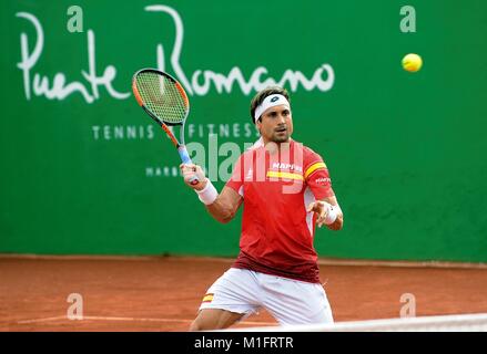 Spanish tennis player David Ferrer about to smash his racket against ...