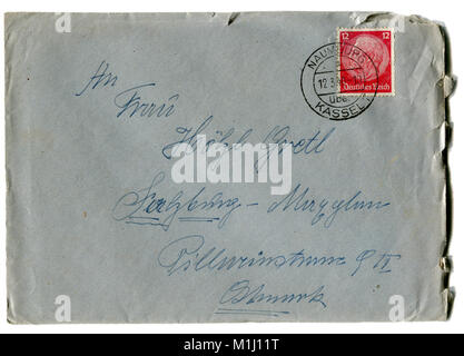 Old German postal envelope with a letter with stamps, postmark, with ...