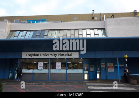 The main entrance to Croydon University Hospital in South London, UK. A ...