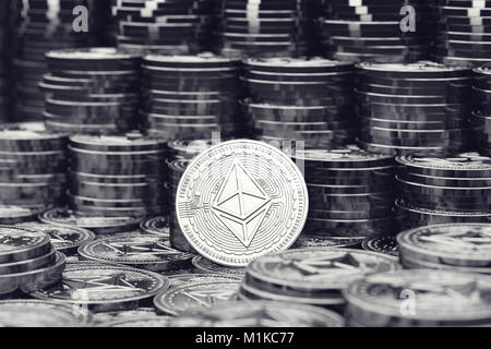 Stack and piles of Silver Ethereum coin in close up shot. 3D rendering ...