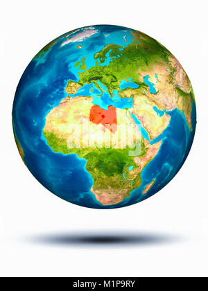 Libya in red on model of political globe with transparent oceans. 3D ...