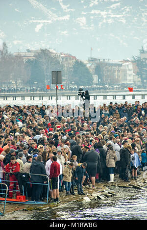 OHRID, MACEDONIA - JANUARY 19, 2017: Musicians playing zurna instrument ...